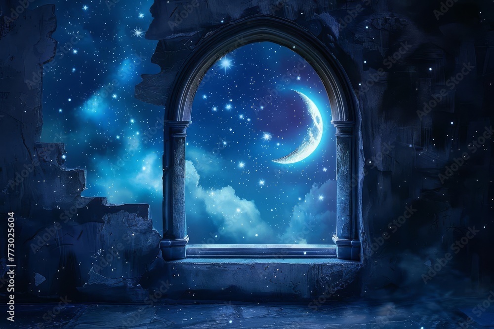 Mysterious arched window with crescent moon in starry night sky, dreamy ...