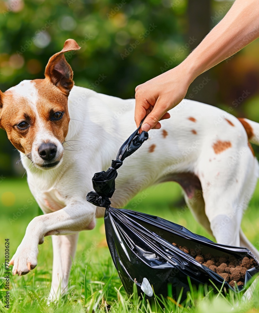 dog owner picking up dog poop using small black poop bag in a park ...