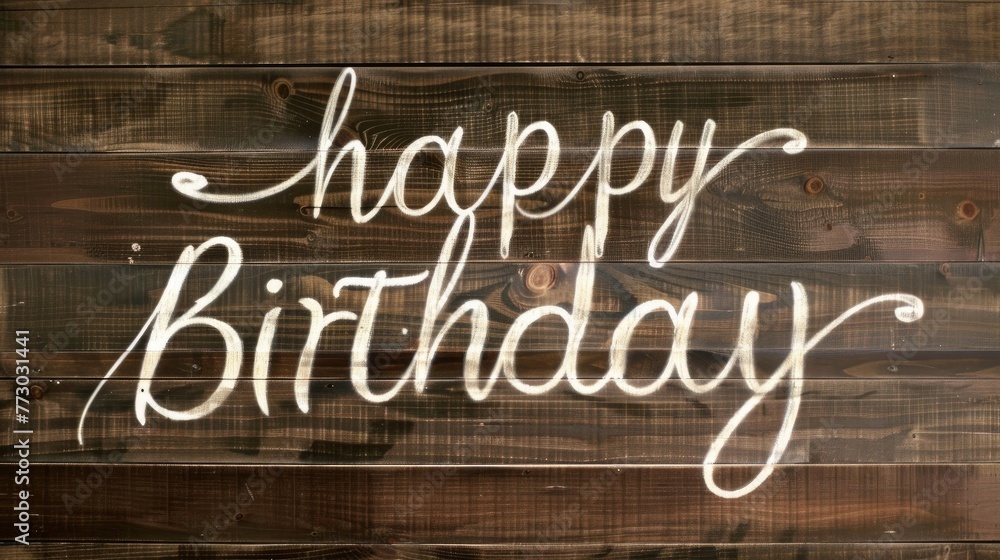 happy birthday written in cursive font with wooden background Stock ...