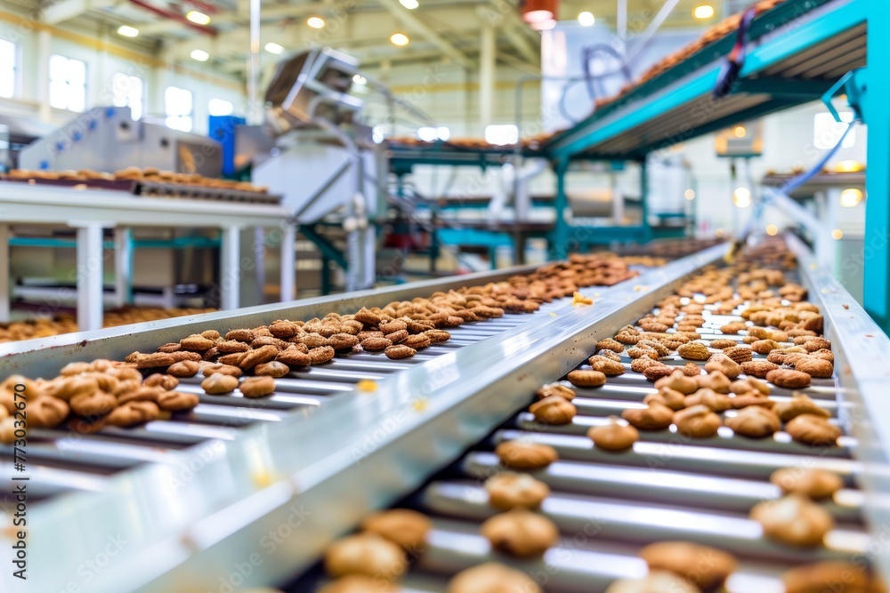 Automatic bakery production line with sweet cookies on conveyor belt ...