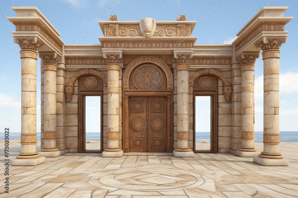 Roman columns and a closed door against white background for a classic ...