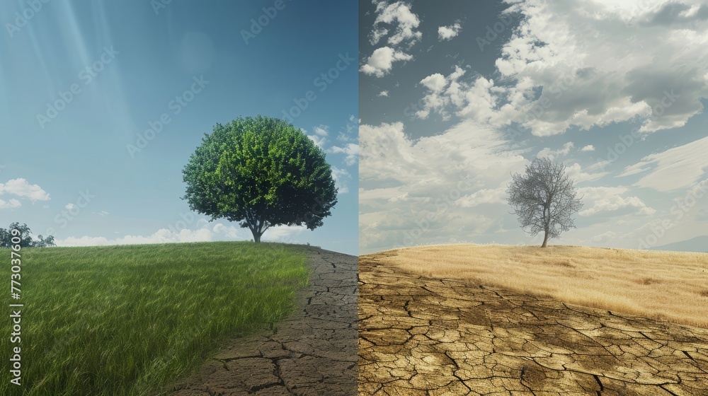 Split image of lush nature with a healthy tree and a dead tree in the ...