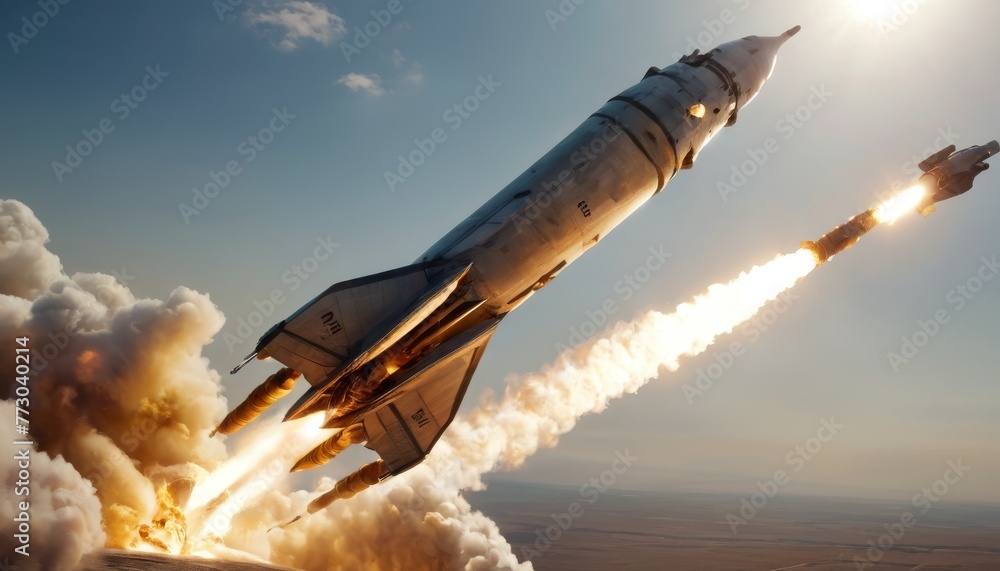 A spacecraft launches with full thrust against a clear sky, smoke and ...