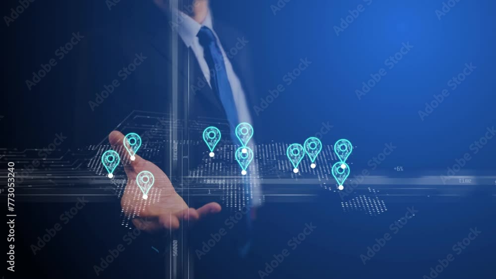 Animated world map with moving AI electrons and location and coordinate ...