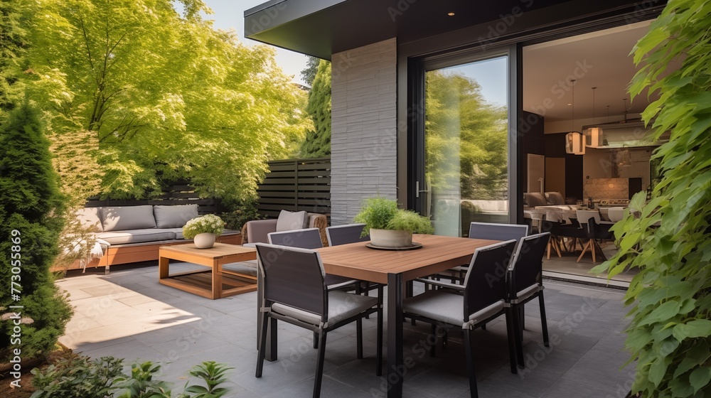 Elegant modern patio area design with furniture, dining table, barbecue ...