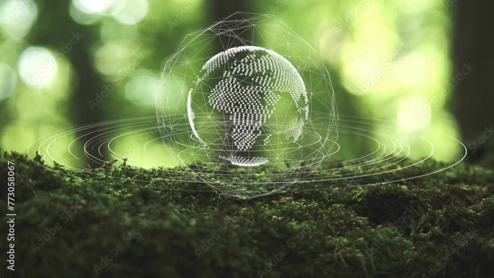 A digital model of a planet with continents made of dots rotates inside ...