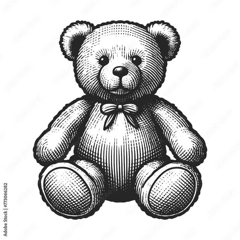 classic teddy bear toy with a bow tie in engraving style sketch ...