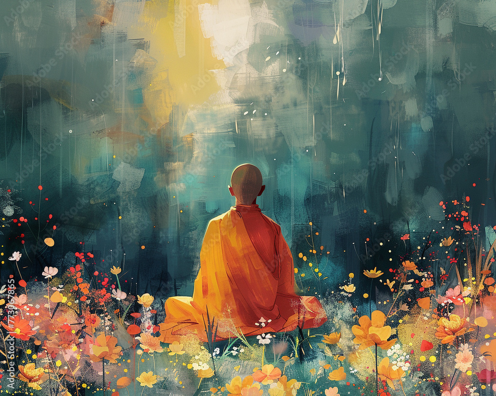 Meditating monk, peaceful garden, mindfulness meditation practice ...