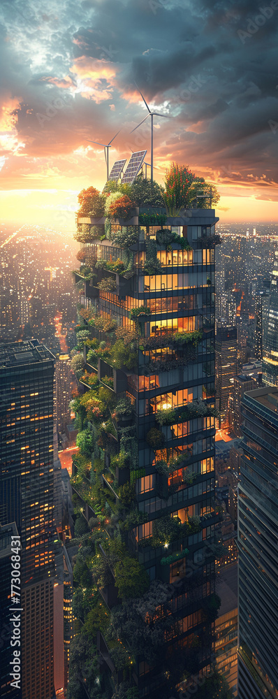 Renovated rooftop garden atop a skyscraper, showcasing solar panels and ...