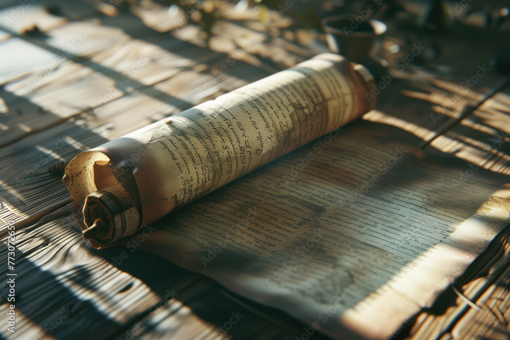 Old manuscript papyrus scroll historical knowledge on ancient table AI ...