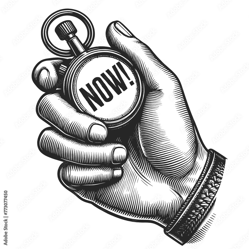 Hand with watch stopwatch with NOW on the dial, signifying urgency and ...