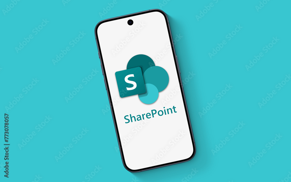 Microsoft Sharepoint logo is displayed on a modern smartphone, cyan ...