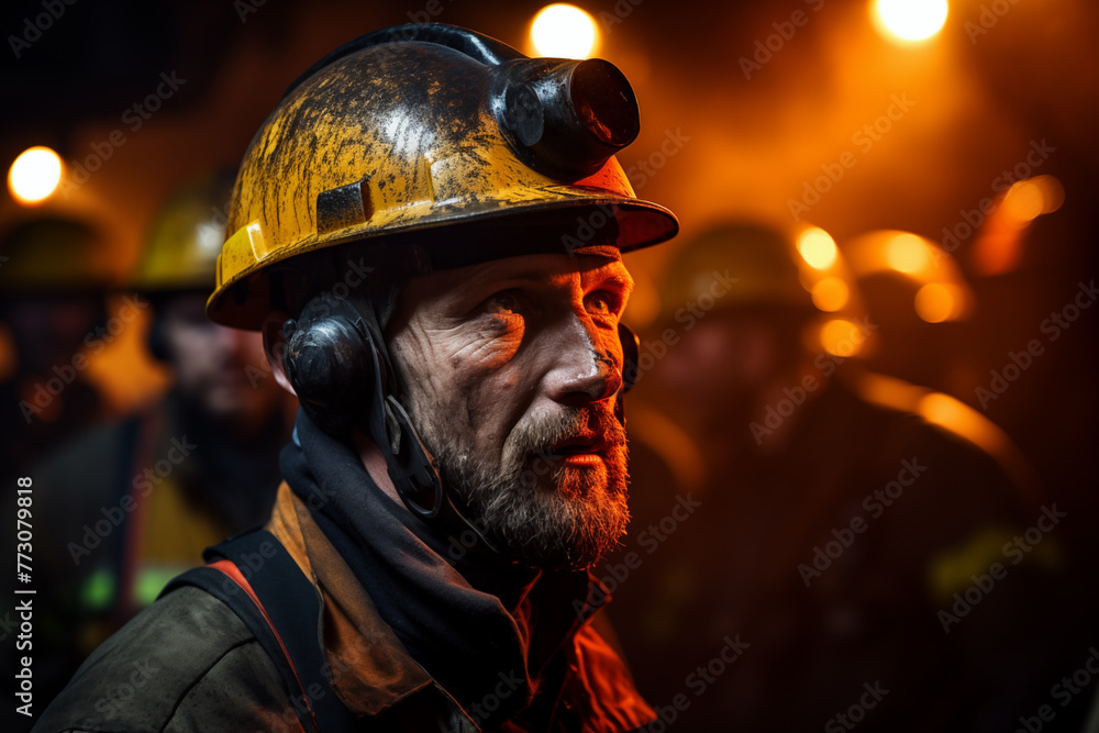 Resilient Coal Miner at Work. Coal miner wearing a dirty helmet with a headlamp. His face and ...