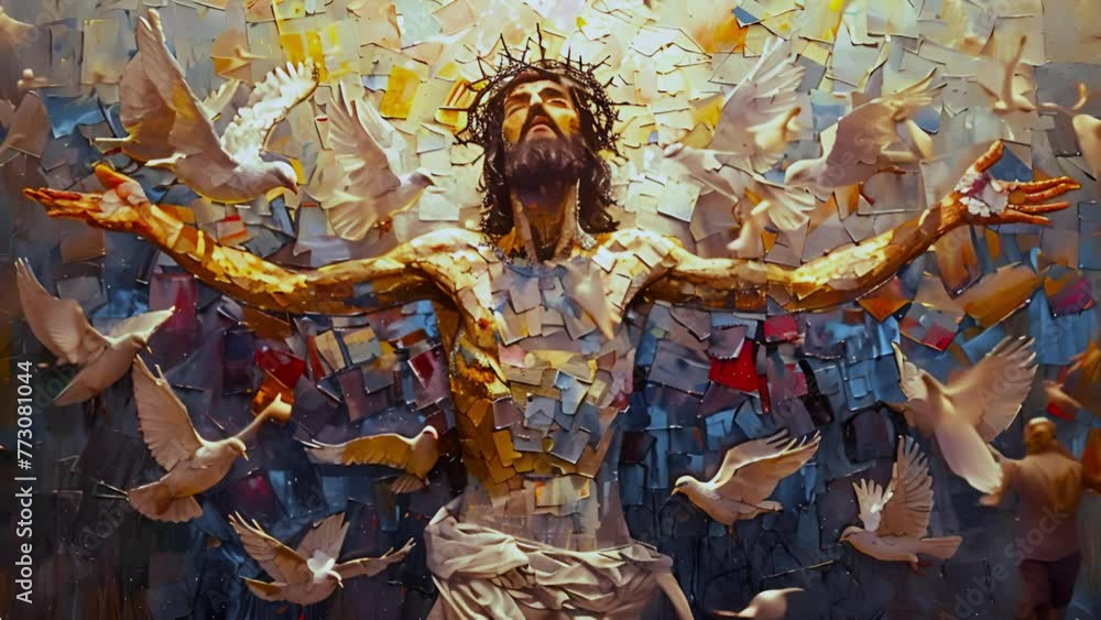 The resurrected Jesus Christ ascending to heaven above the bright light ...