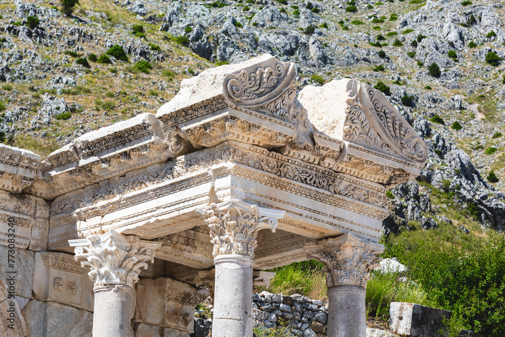 Detailed nymphaeum frieze, Corinthian capitals, Sagalassos ancient city ...