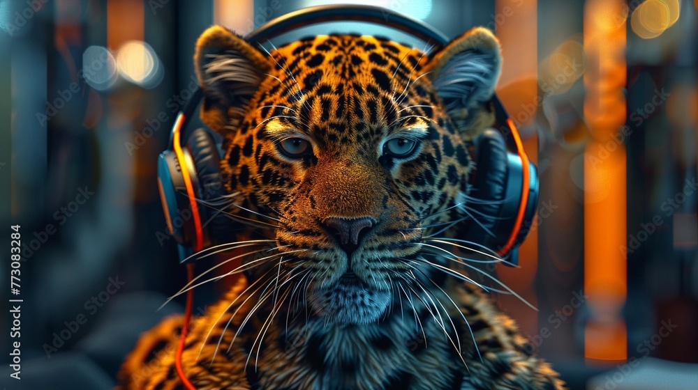 Leopard wearing modern 3D printed headphones, striking a fashion pose ...