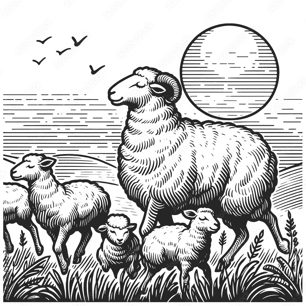 sheep grazing in a meadow field under a bright sun with fluffy clouds ...