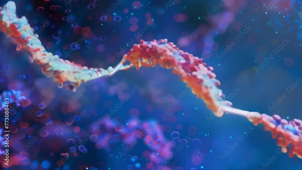 A magnified view of a single strand of RNA showing its slightly ...