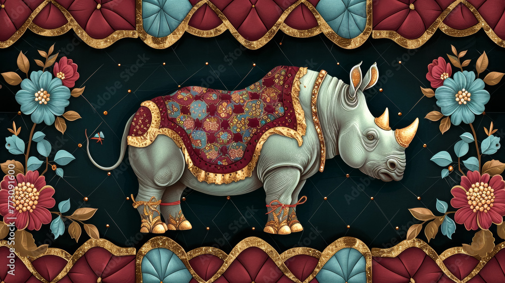 rhinoceros in the art style of bold colors and quilted patterns ...