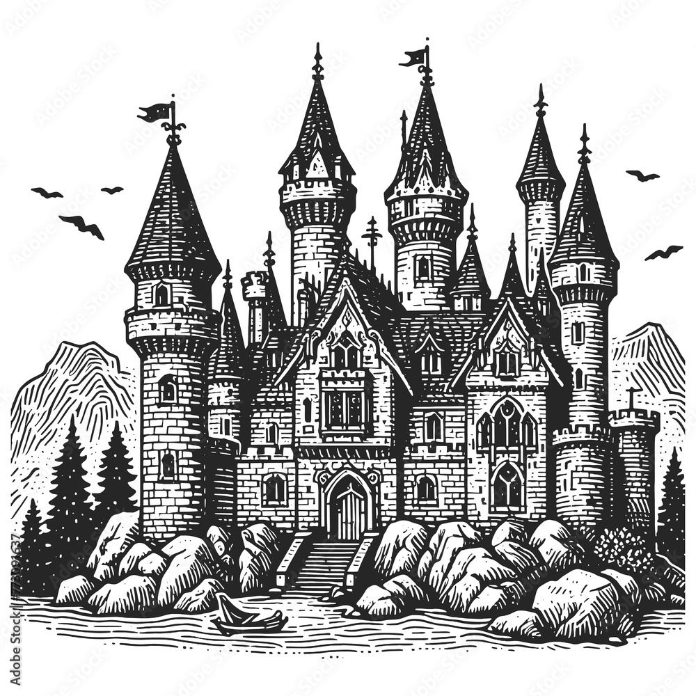 majestic medieval fantasy castle on rocky terrain sketch engraving ...