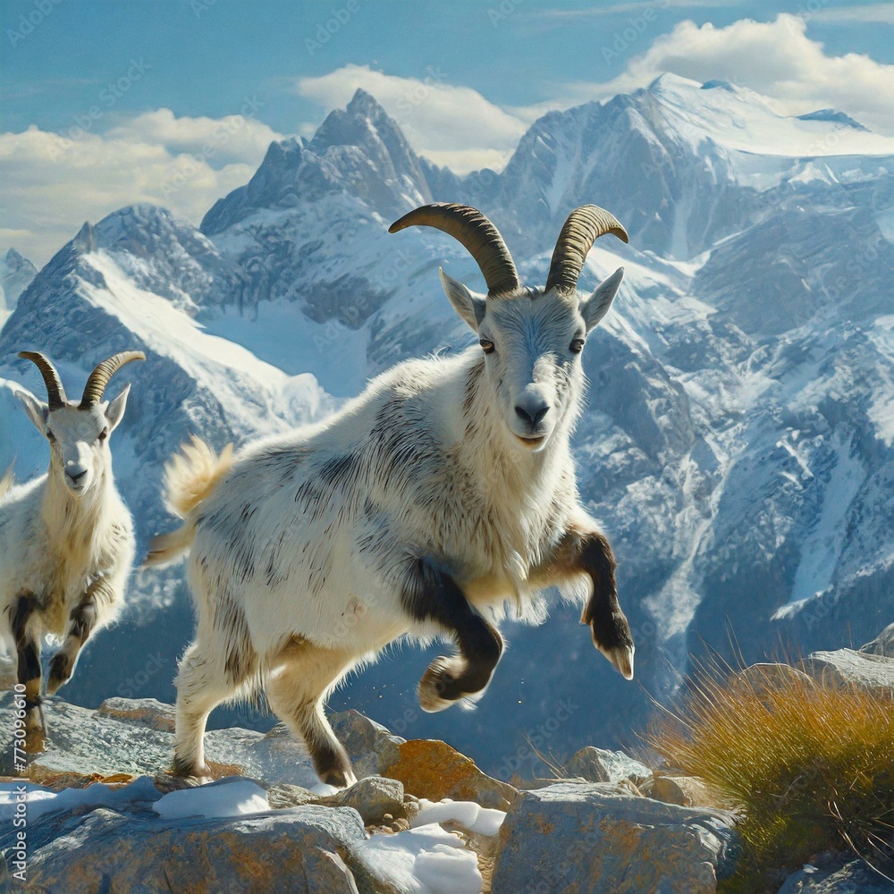 mountain goat in the mountains.close up A playful depiction of mountain ...