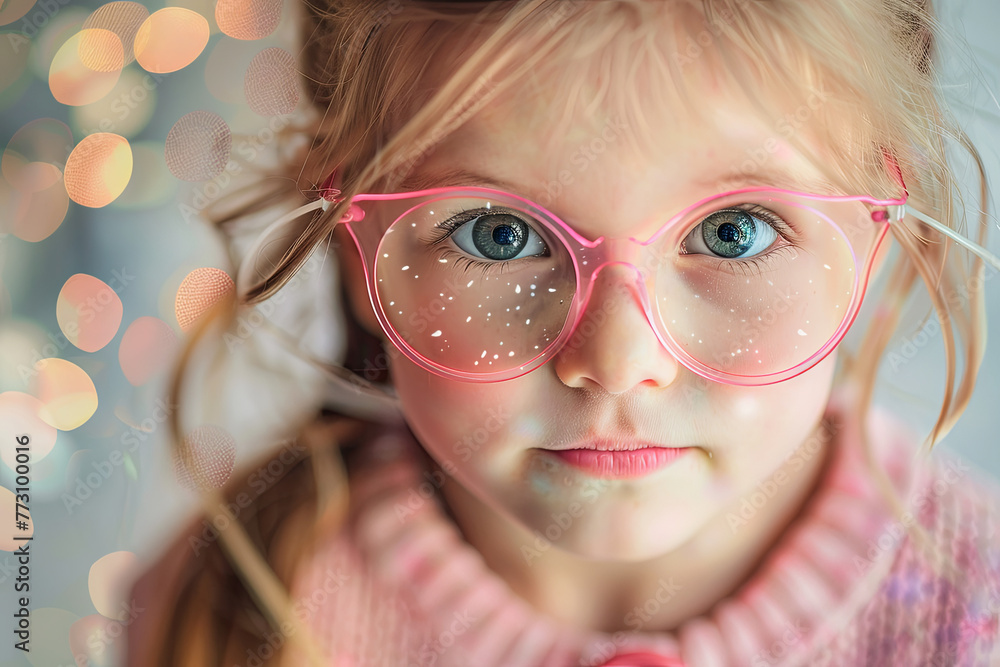 Portrait of a cute little Caucasian girl child staring through her ...