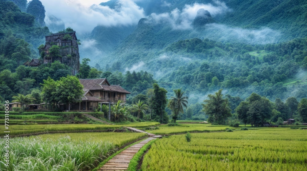 Panorama of rice terraces in the valley of Vang Vieng, Laos Stock Photo ...