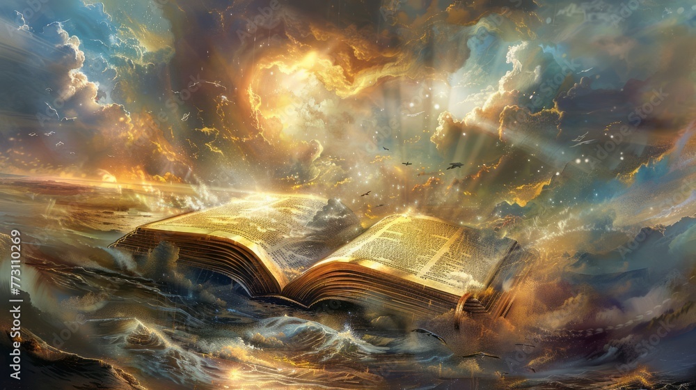 Open Bible Reveals a Serene and Heavenly Scene from Paradise Stock ...