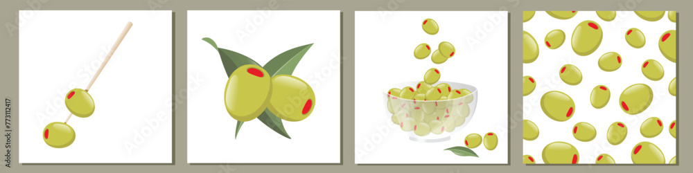 Vector olive designs set collection. Green olives stuffed with peppers ...