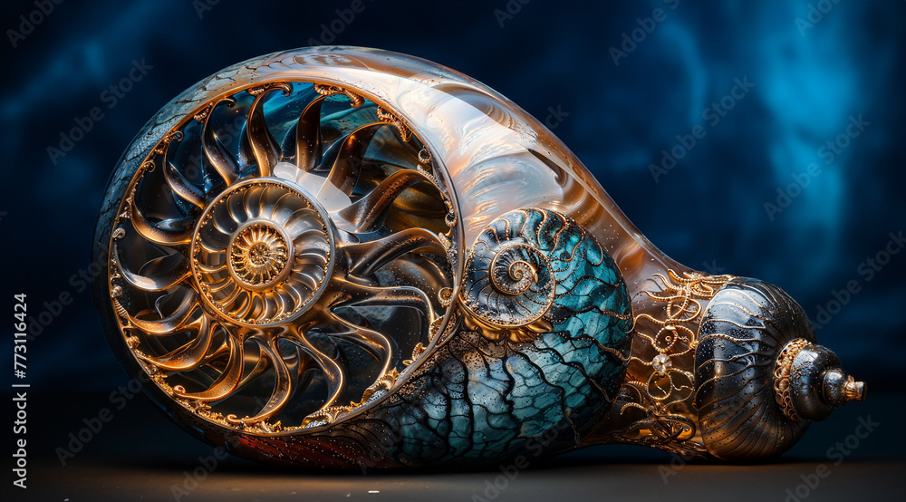 Cutaway View of Nautilus Shell Revealing Intricate Chambers and Golden ...
