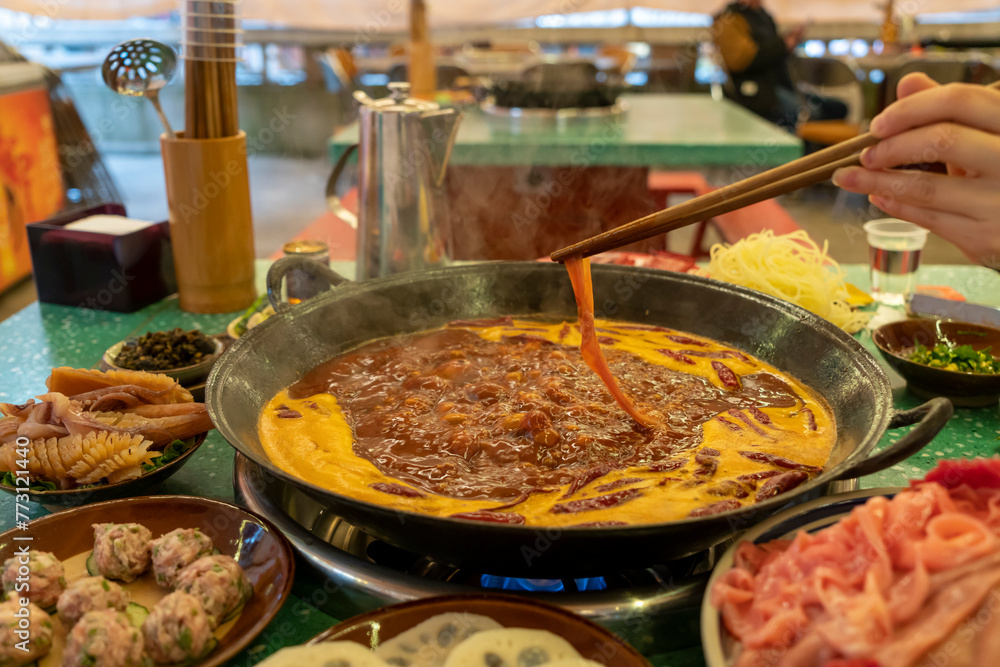 Braised duck intestines, delicious Chongqing spicy hot pot Stock Photo ...