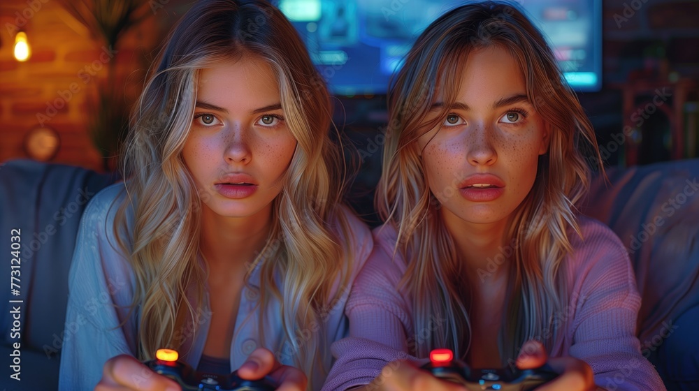 A cozy scene where two beautiful women are deeply engaged in a fun ...