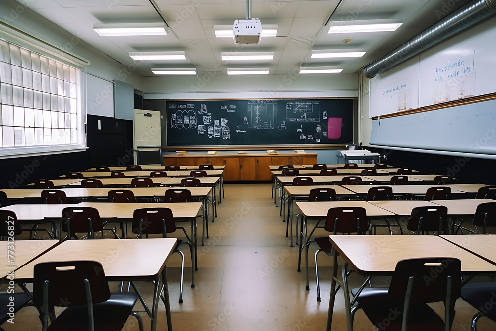 An empty classroom with neat rows of desks and chairs, chalkboard, and natural light filtering ...