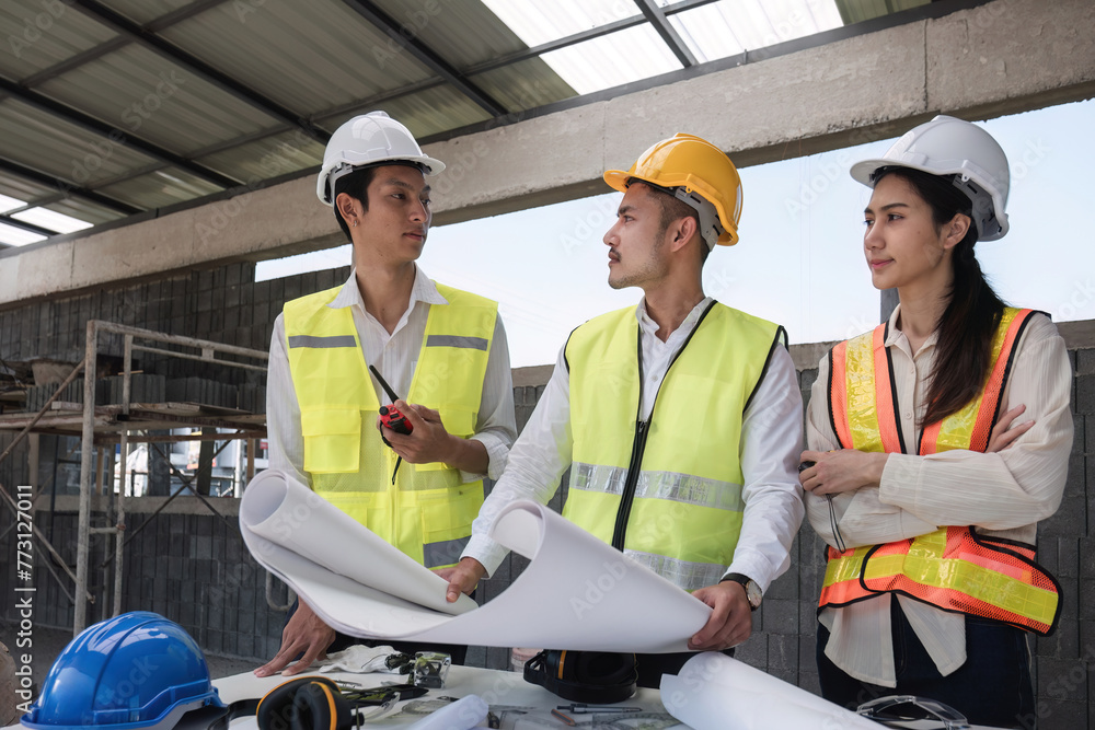 team of civil engineers and architects wearing hard hats Currently in a ...