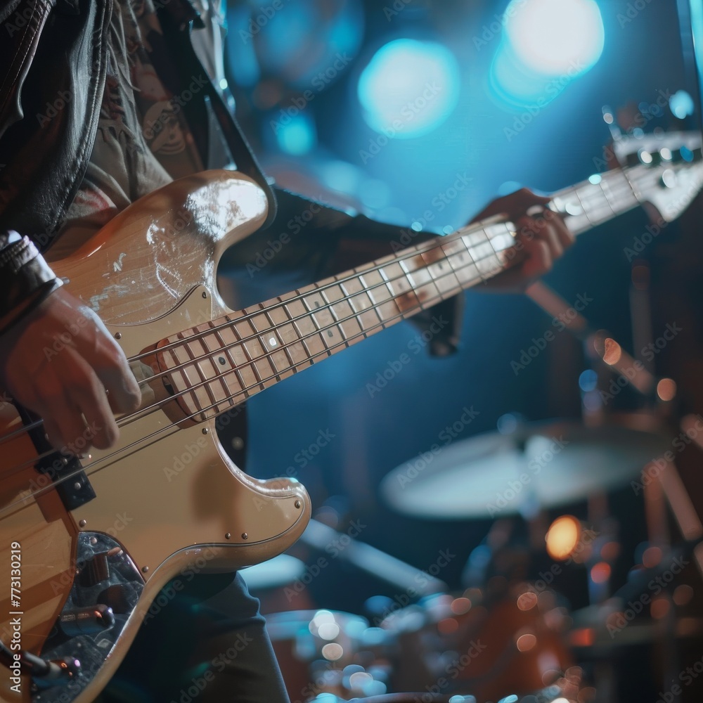 A captivating stock photo showcasing a close-up of a bass guitar, with ...