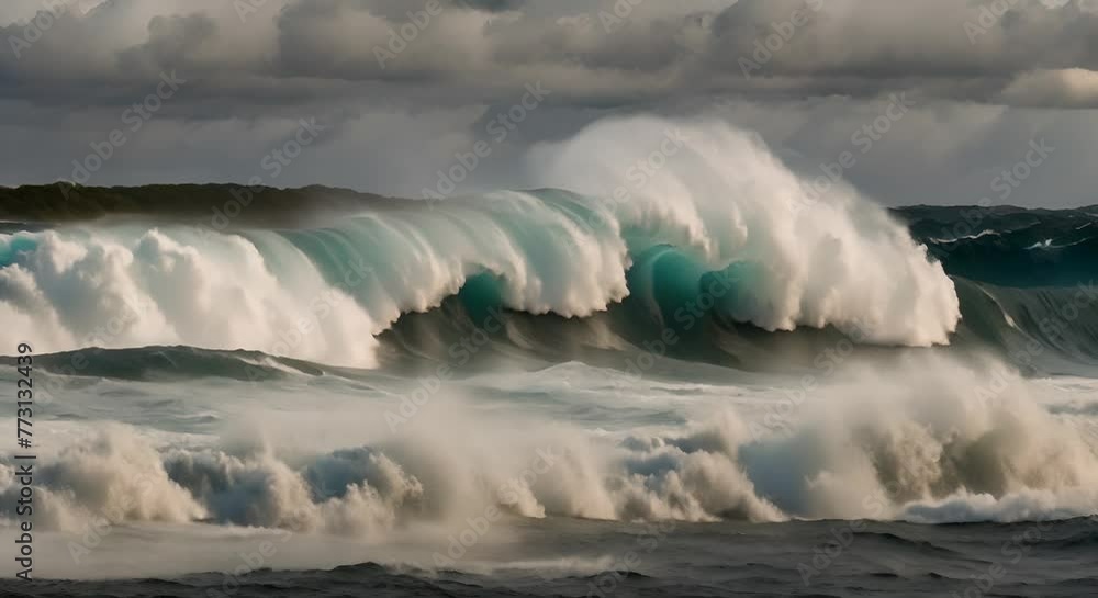 A huge wall of water emerges from the depths of the ocean, rising high ...