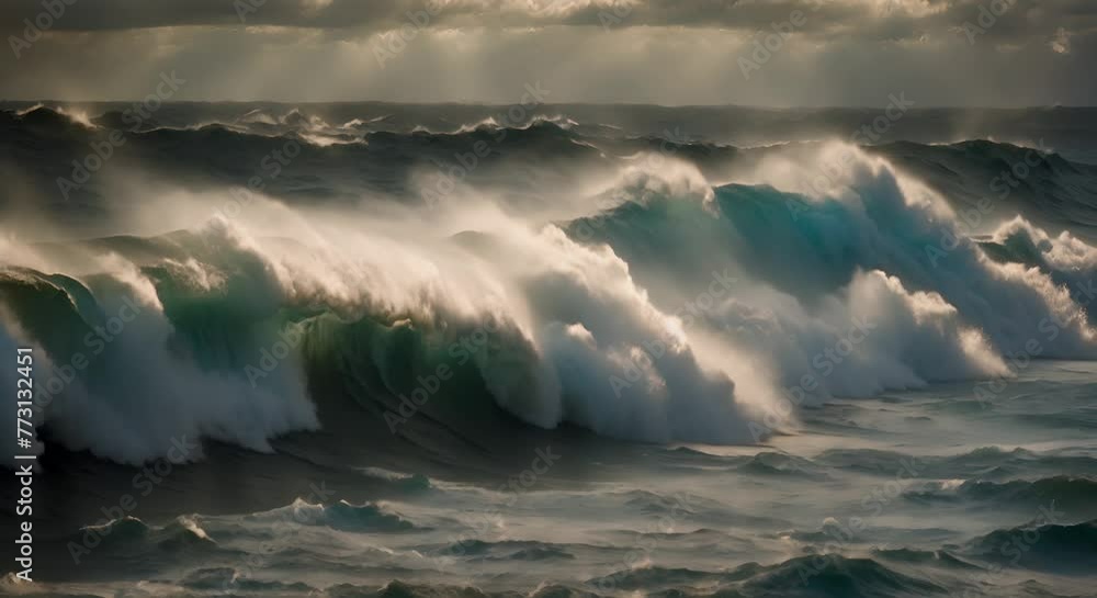 A huge wall of water emerges from the depths of the ocean, rising high ...