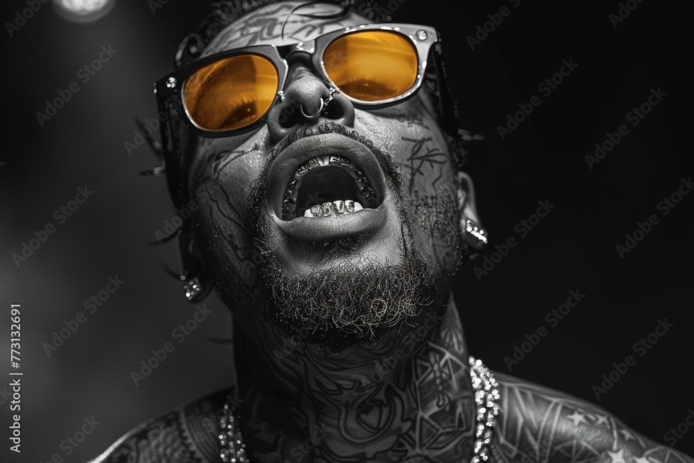 Rapper with face tattoos and golden grills on teeth wearing jewelry ...