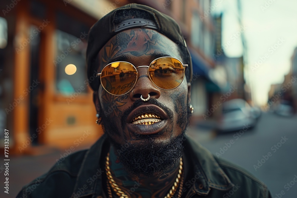 Rapper with face tattoos and golden grills on teeth wearing jewelry ...