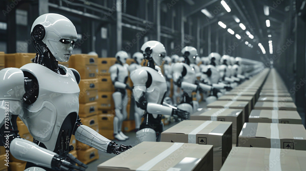 Future of manufacturing. Deserted factory floors with autonomous robots ...