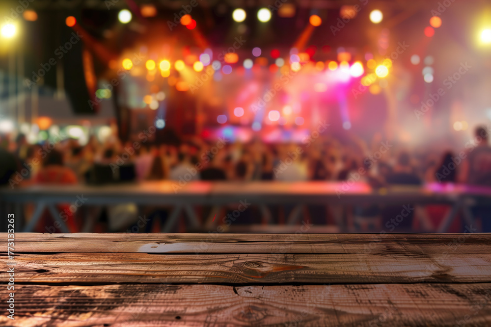 An empty wooden table with blurred concert stage and crowd in ...