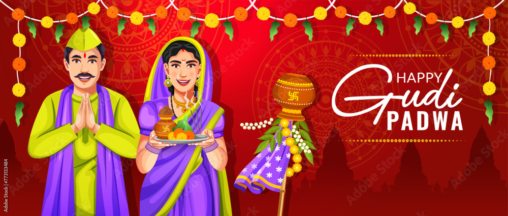 Vector illustration of Gudhi Padwa spring festival for the traditional ...