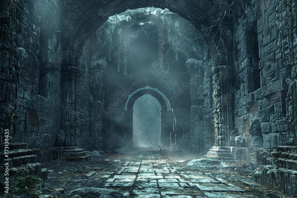 Photo & Art Print The eerie abandoned temple loomed in the moonlight ...