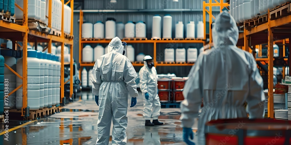 Workers in PPE handling hazardous materials in a logistics setting ...