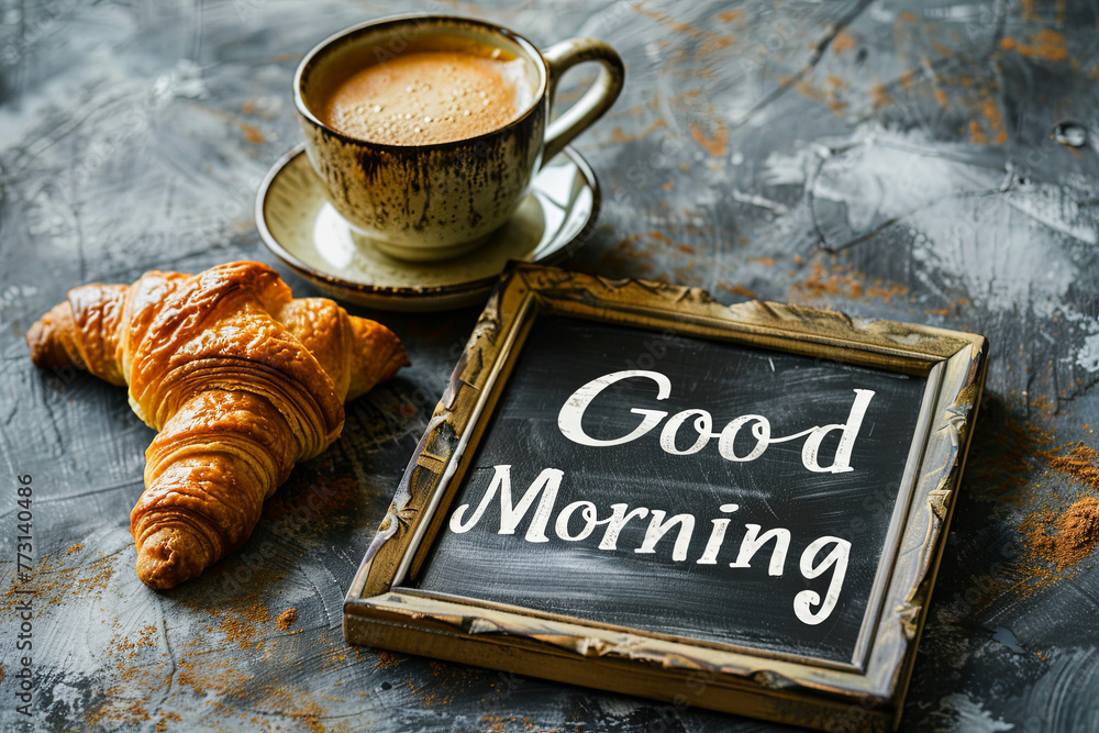 Good morning sign with a cup of fresh hot morning coffee and a broken ...