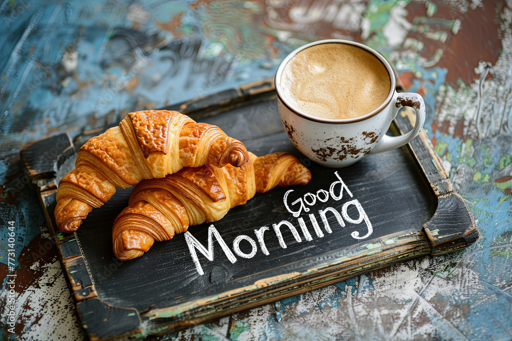 Good morning sign with a cup of fresh hot morning coffee and a broken ...