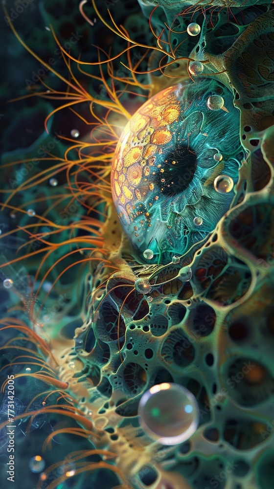 Detailed retina, rod cells capturing light, ganglion cells processing ...