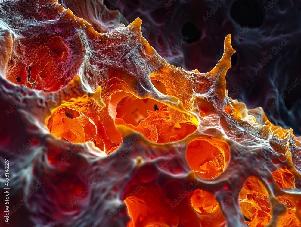 Osteoclasts resorbing bone tissue, closeup, vibrant red and orange ...