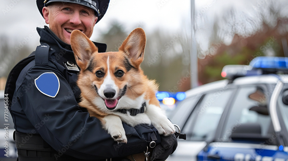 A smiling uniformed policeman holds a corgi dog in his arms Stock ...