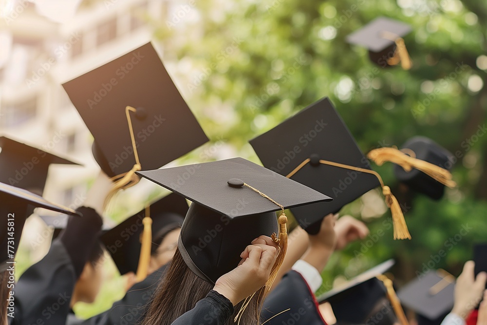 College graduated students throwing their caps up in the sky ...